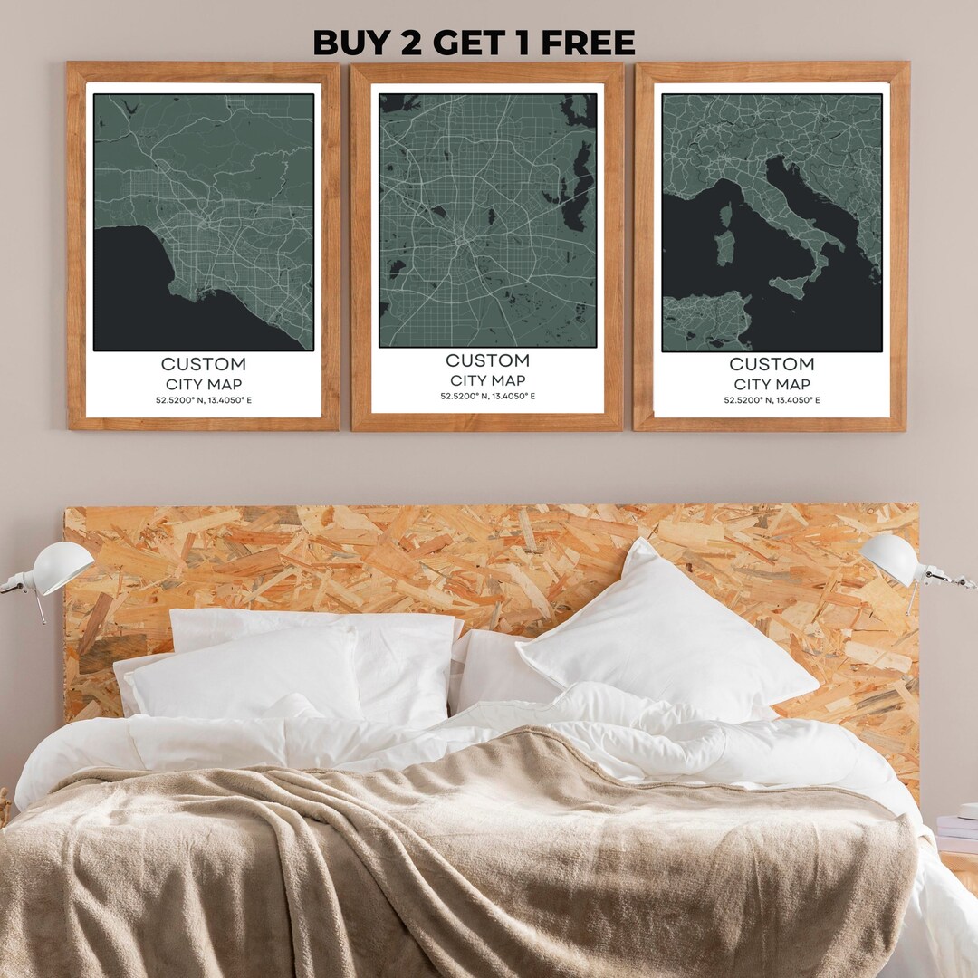 Any City Map Print, Set of 3 City Maps in Grey and White Style, Custom ...