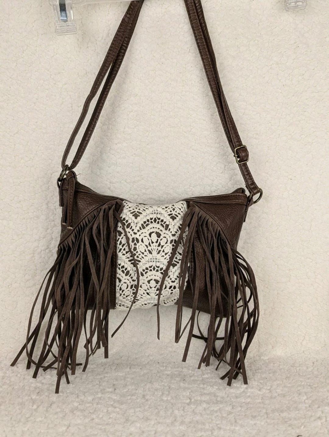 T-shirt and Jeans Brown Fringe Faux Leather & Lace Boho Crossbody Bag ...