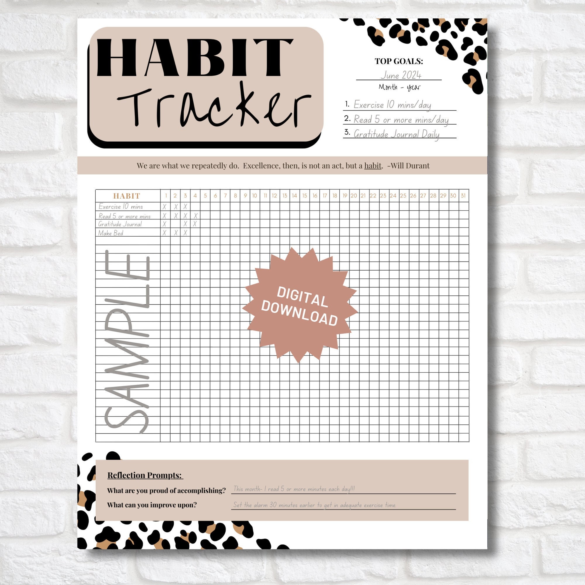 Habit Tracker, Neutral Leopard. Printable + Digital Download. Daily ...