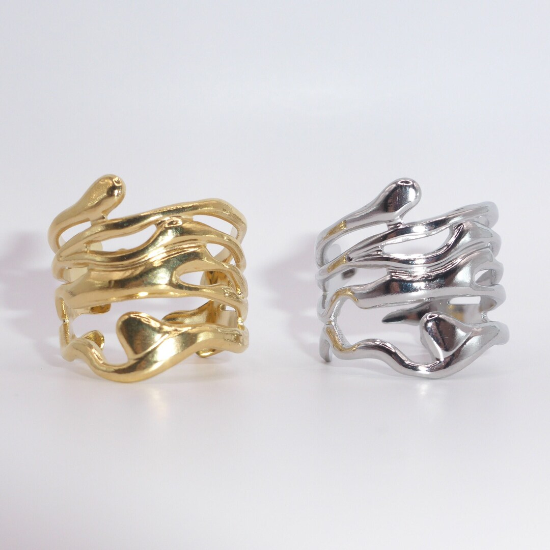 Gold/silver Ring Stainless Steel Wave Liquid Metal Abstract Open Cuff | Non-tarnish | Statement ...