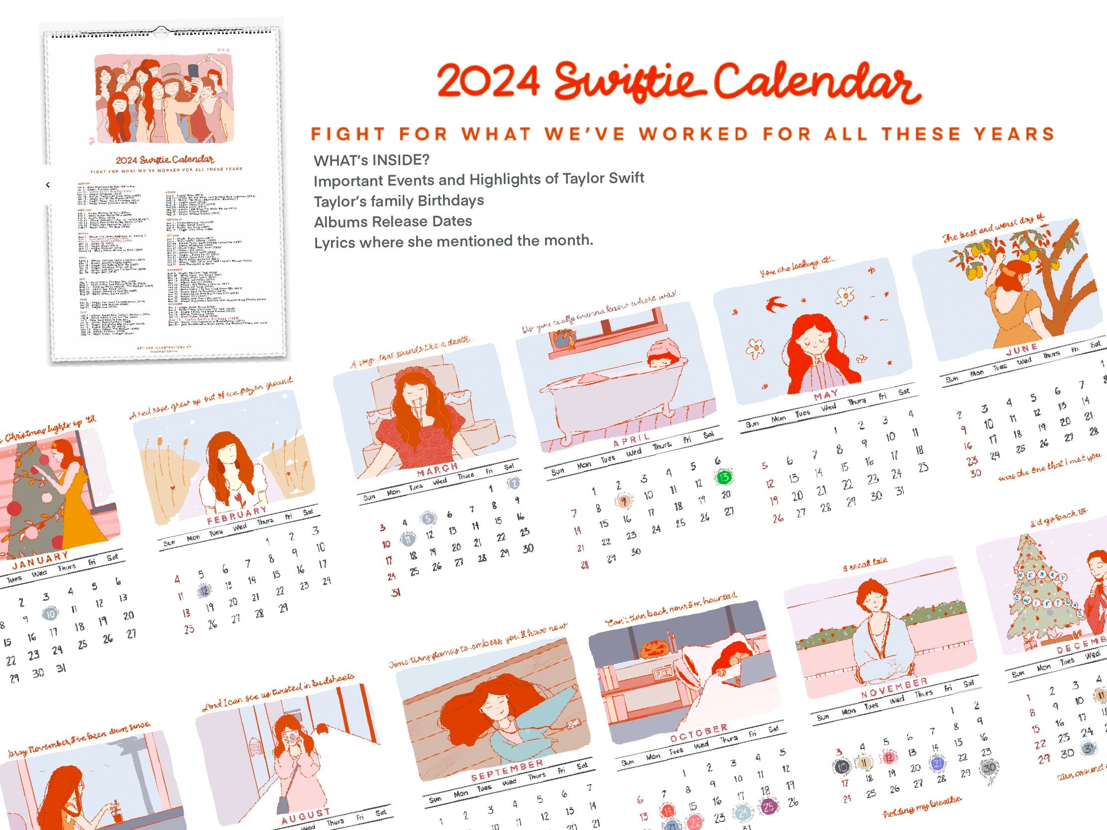 2024 Swiftie Calendar : Monthly Calendar, Illustrated Wall Art for ...