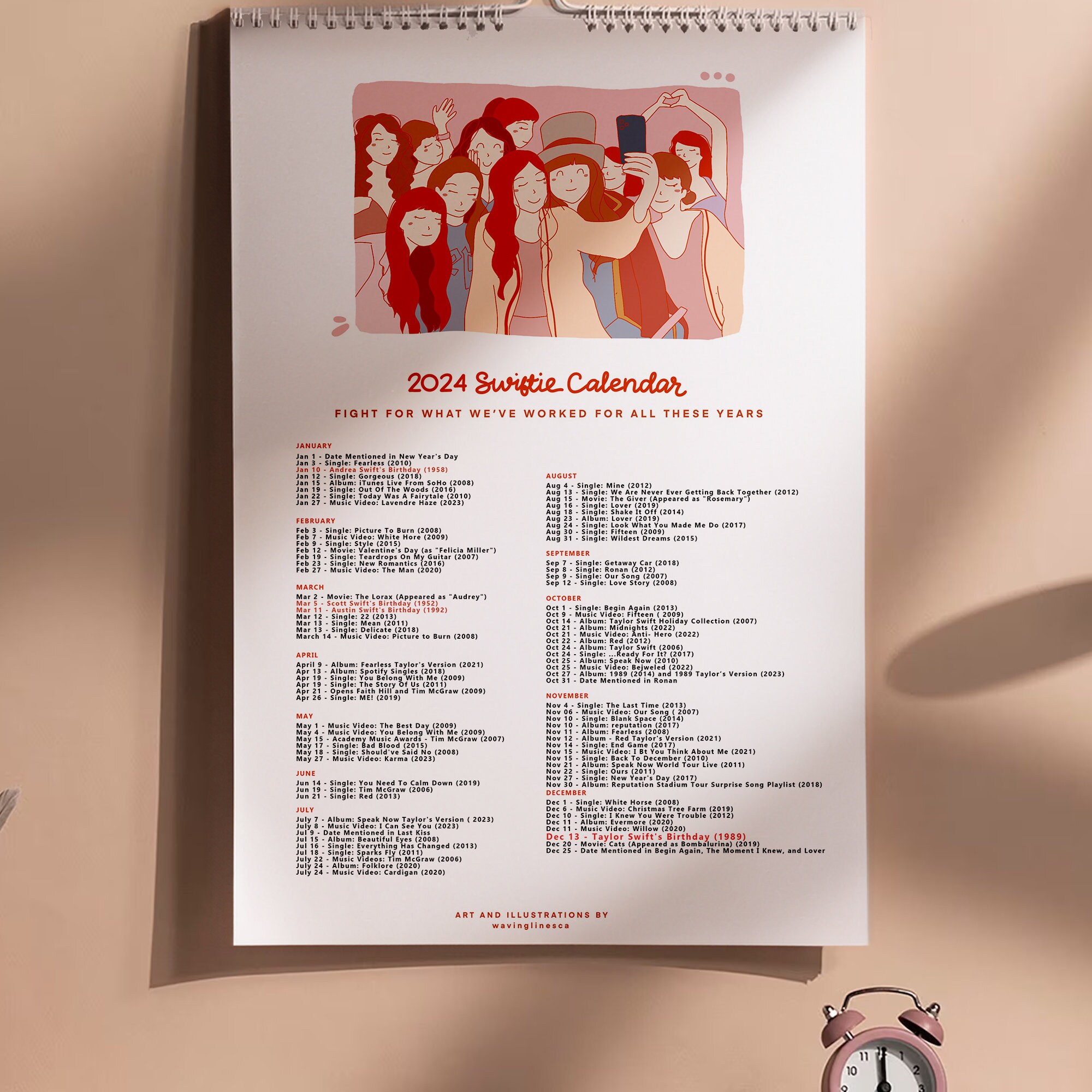 2024 Swiftie Calendar : Monthly Calendar, Illustrated Wall Art for ...