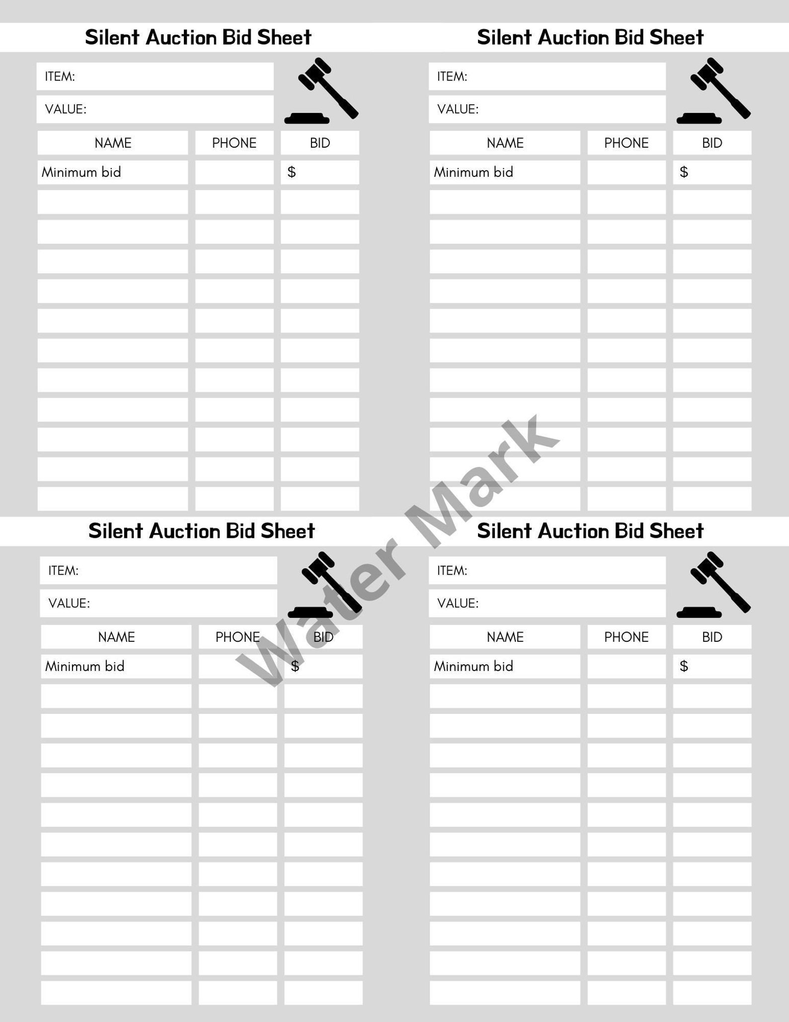 Printable Silent Auction Bid Sheets - Etsy
