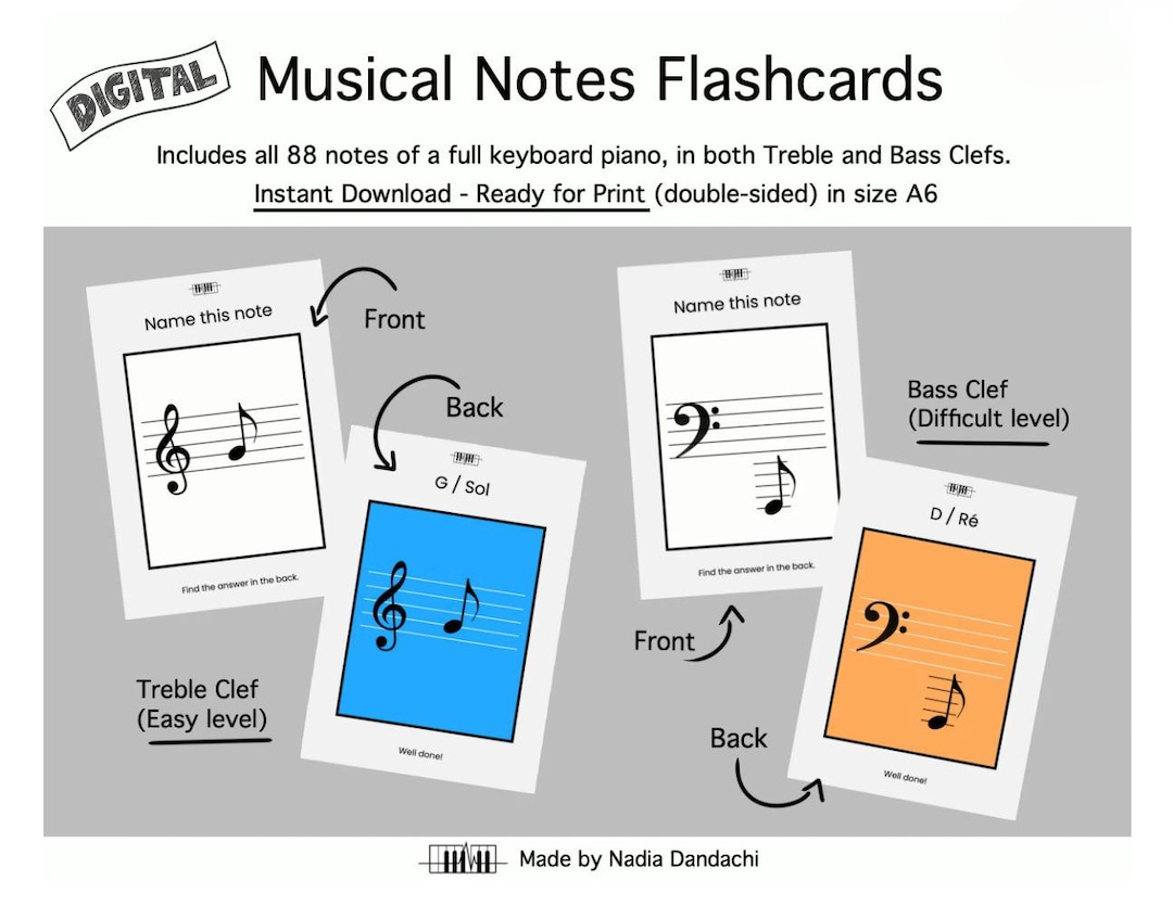 Piano Note Flashcards – Treble & Bass Clef, All 88 Keys | Printable PDF ...
