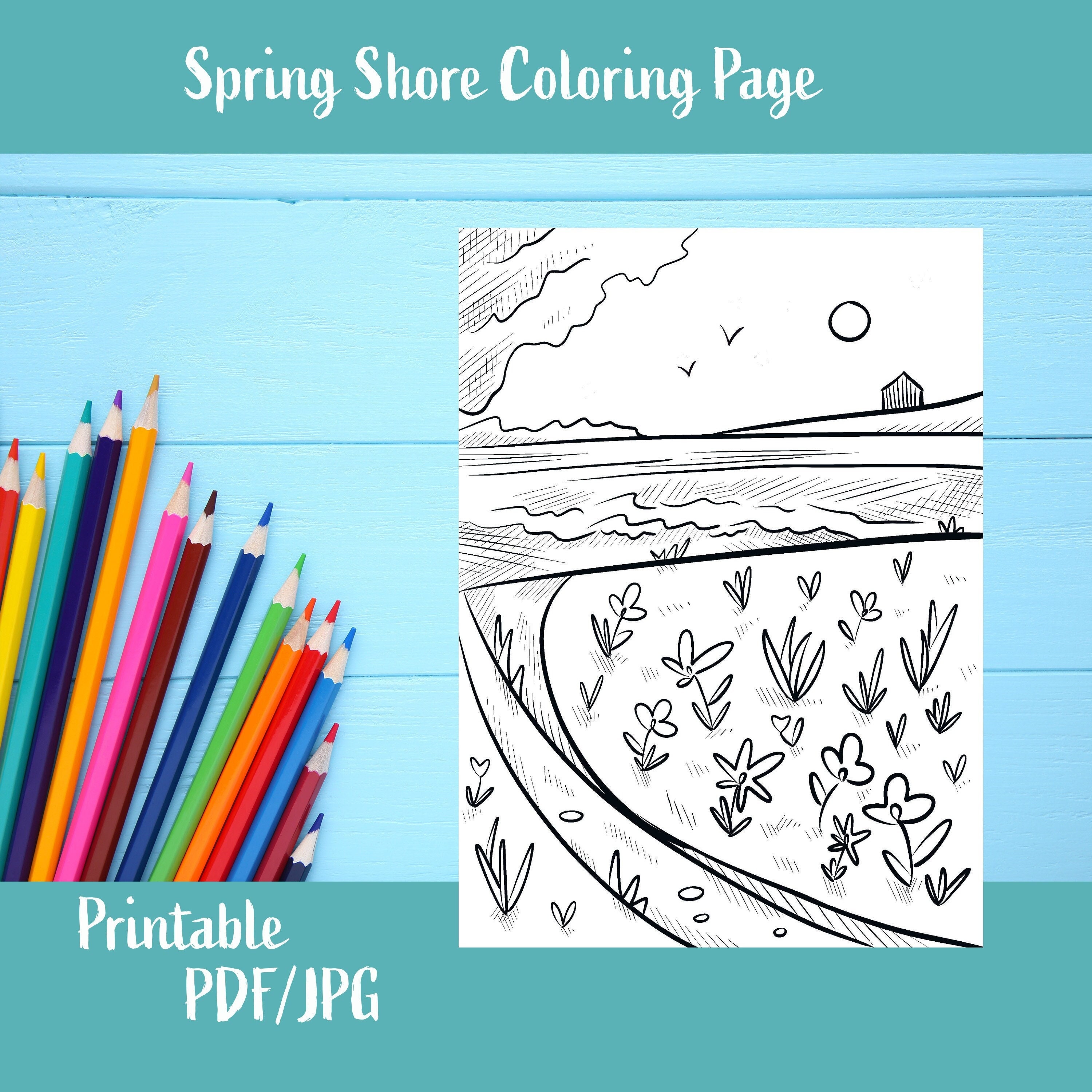 Sea Shore Coloring Page Oceanside Coloring Page Spring Digital Art ...