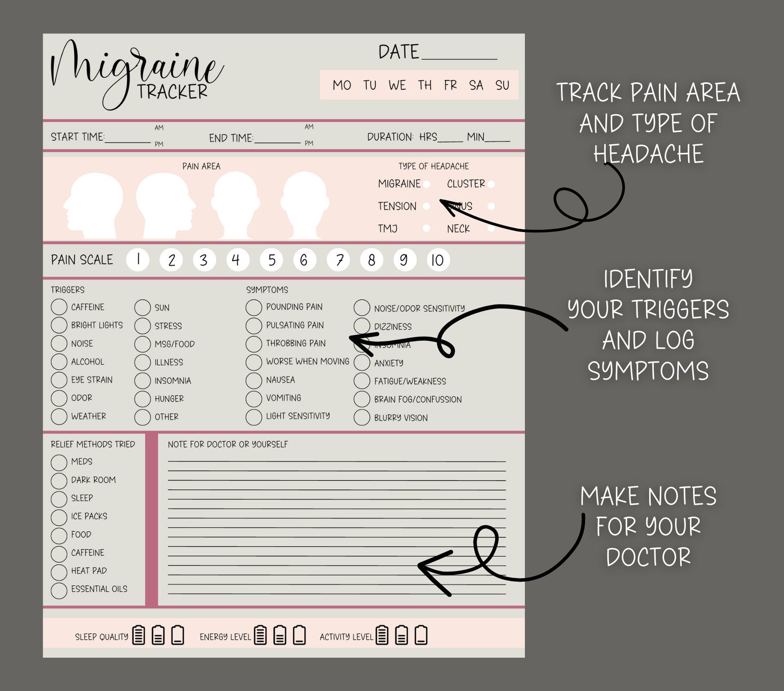Printable Migraine Tracker Migraine Journal Health & Wellness Manage ...