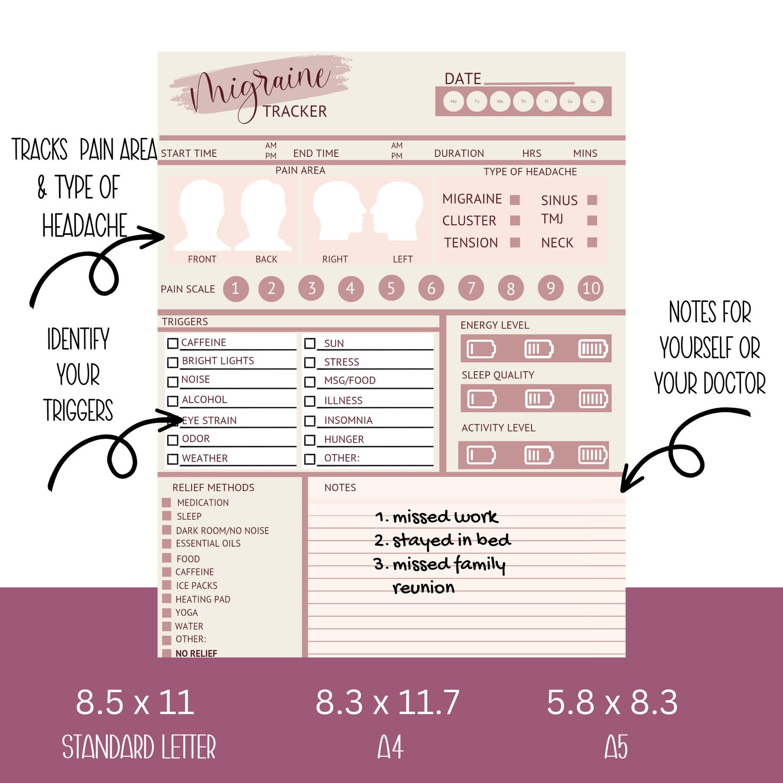 Printable Migraine Tracker Doctor Visit Reports Identify Your Headache ...