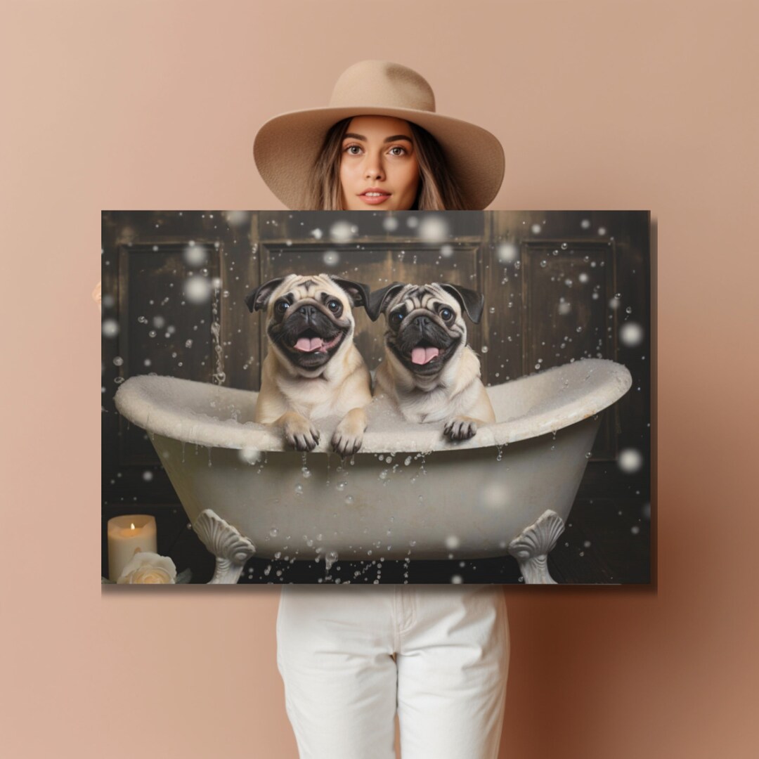 Dog in Bathtub Art, Pugs Bathroom Art, Animal in Bathtub Dog Bathroom ...