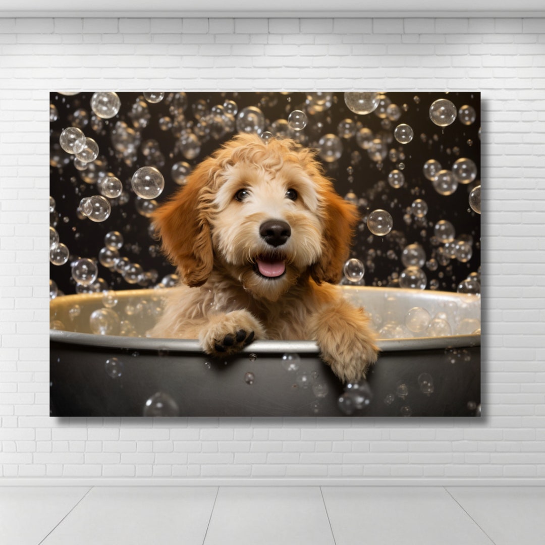 Goldendoodle Puppy Bath Time Wall Art - Bathroom Wall Decor, Perfect ...
