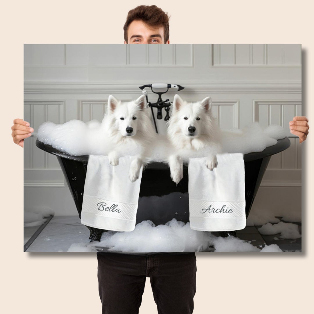 Samoyed Bathroom Art, Dog in Bathtub Art, Samoyed Giftful, Dog Bathroom ...