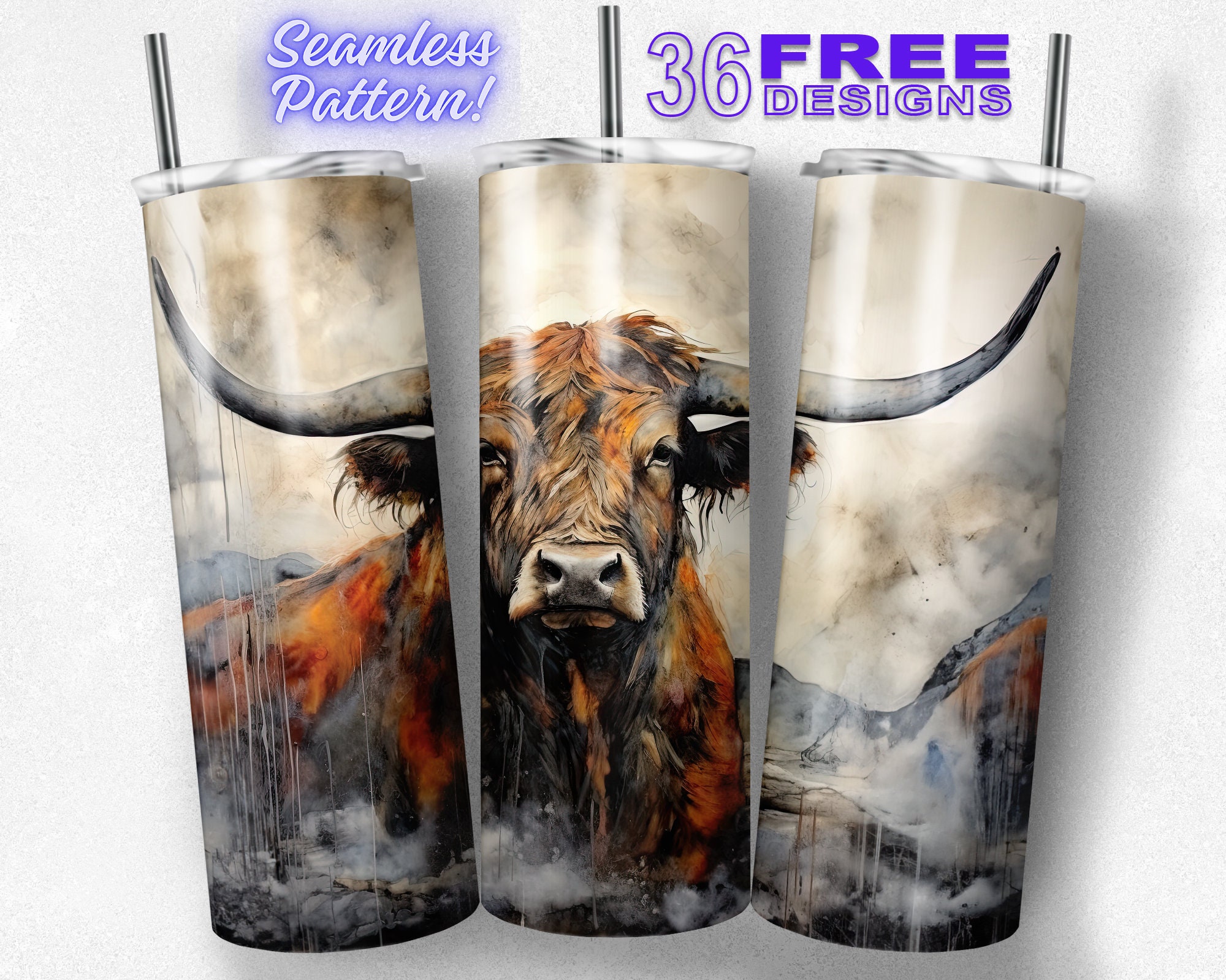 Cow Steer Bull Ranch 20oz Straight and Tapered Tumbler Wrap Sublimation ...