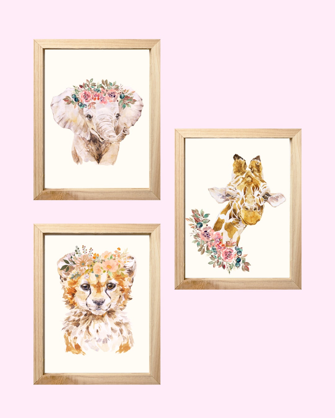 Watercolor Hand Painted Safari Animals With Floral Accents Digital Art ...