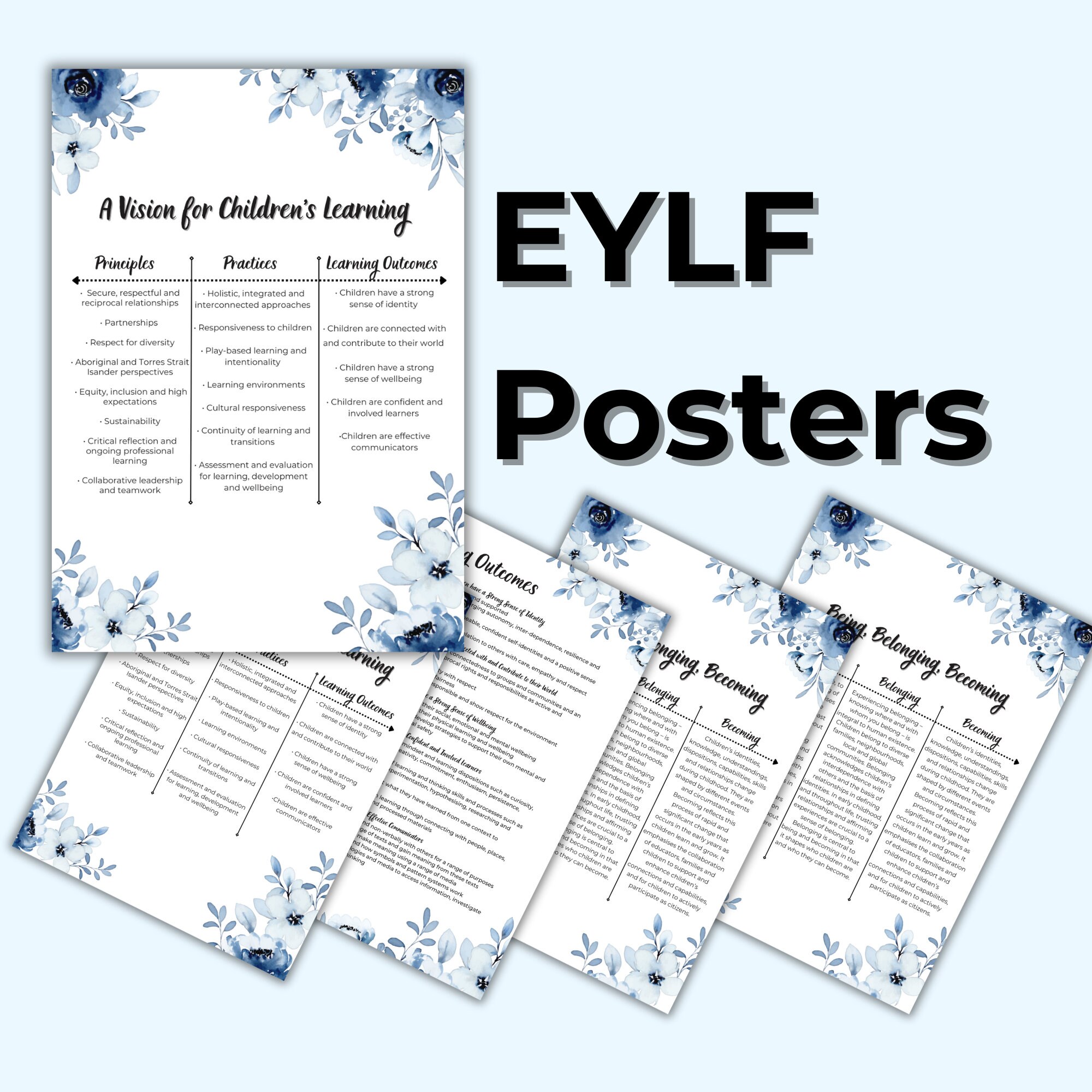 EYLF 2.0 Posters - Blue Floral Minimalist Design for Learning Outcomes ...