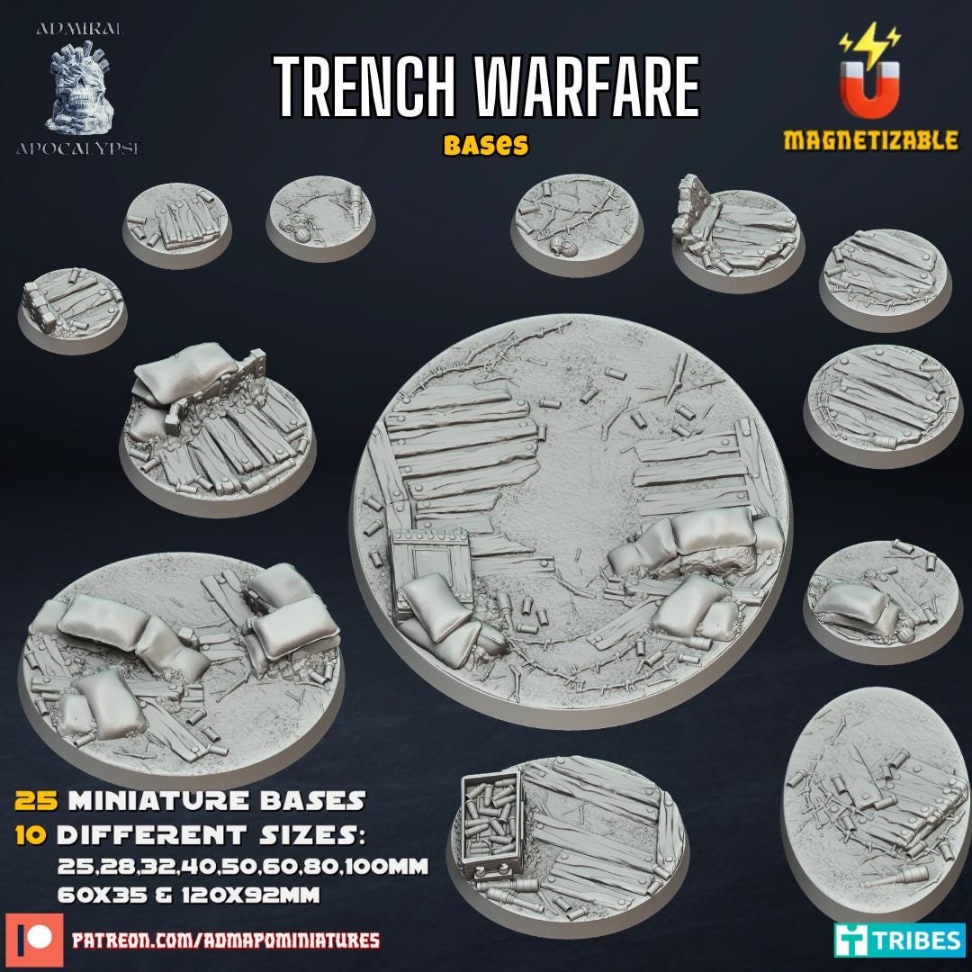 Trench Warfare Bases / Magnet Ready / 25mm, 28mm, 32mm, 40mm, 50mm ...