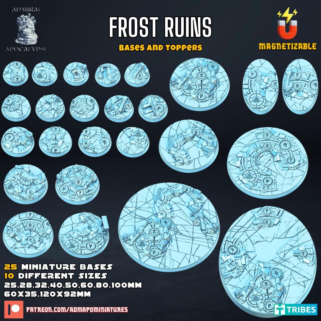 Frost Ruins Bases / Magnet Ready / 25, 28, 32, 40, 50, 60, 100mm Round ...