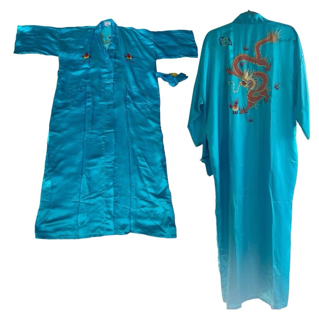 Vintage Golden Dragon Silk Robe Kimono XL Chinese Teal Maxi Gown ...
