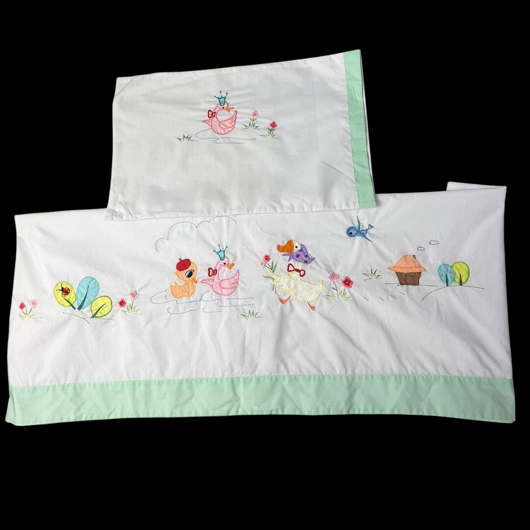 Vintage 80s Embroidered Duck Goose Crib Sheet & Pillow Case Appliquéd ...