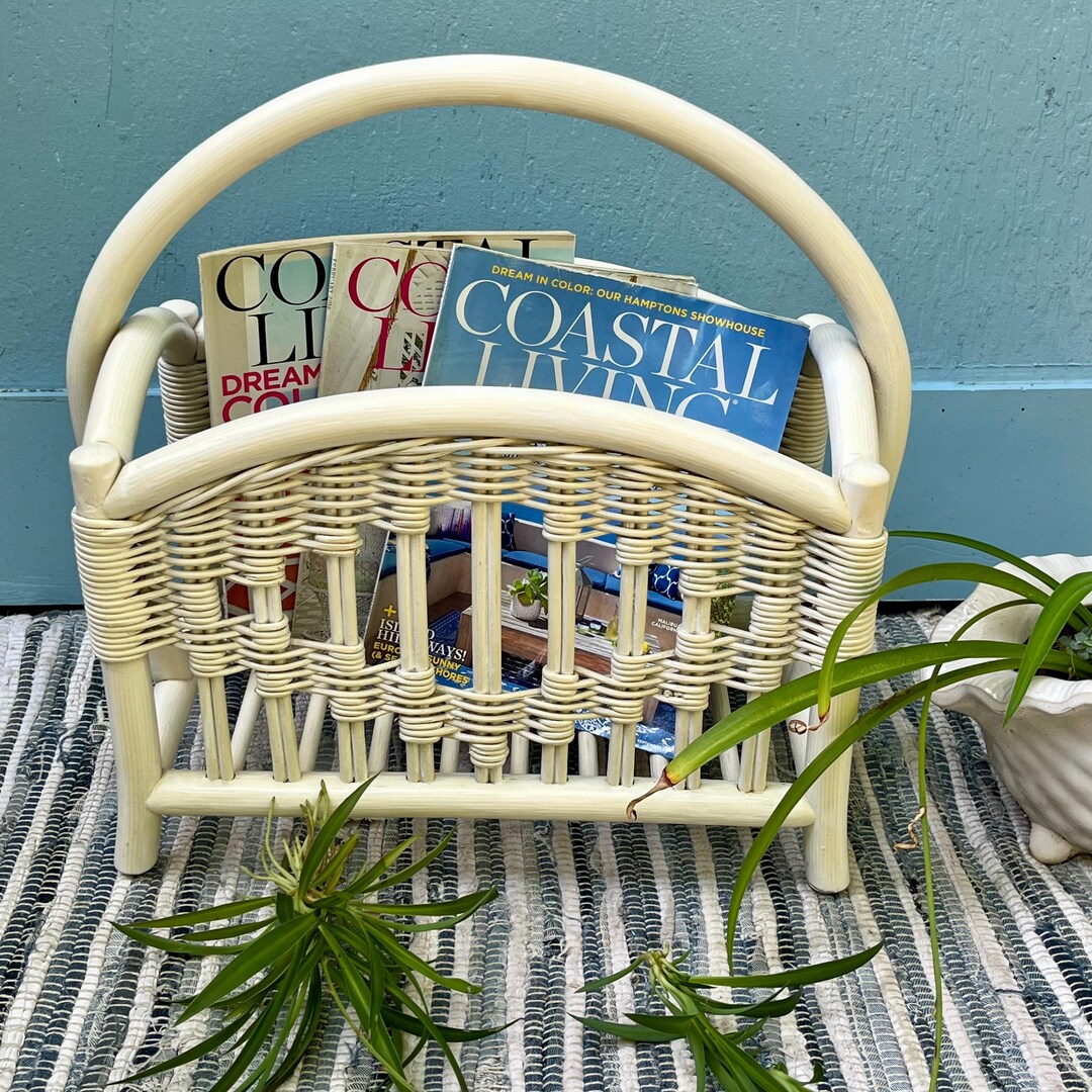 Vintage Bentwood Rattan Wicker Magazine Record Rack Holder Whitewash ...