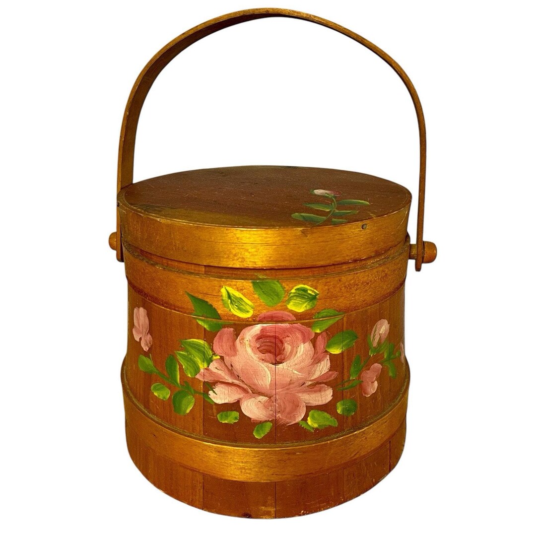 Vintage Wooden Firkin Sewing Bucket Pail Hand Tole Painted Flowers Folk ...