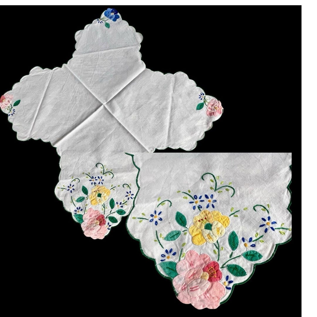 Vintage Bread Basket Liner Hand Embroidered Appliqué Flowers Linen ...