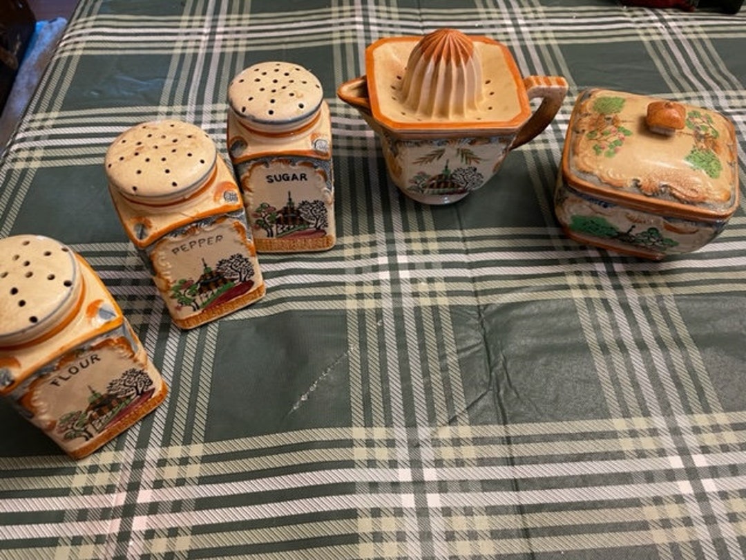 Vintage Hand Painted Pagoda Japanese Ceramic Rectangular Canisters ...