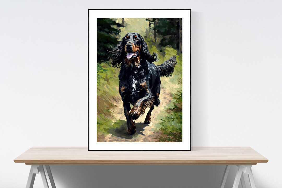 Gordon Setter Running Through Forest, Palette Knife Painting, Gordon ...