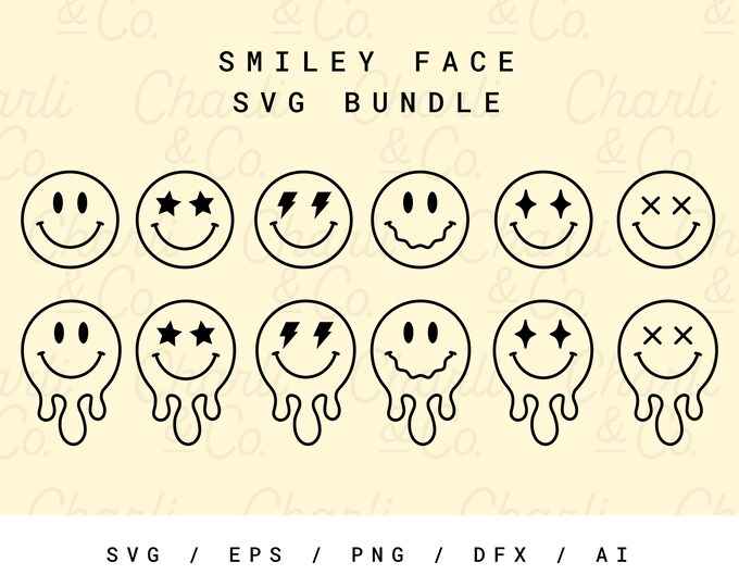 Smiley Face SVG Bundle for Cricut Retro, Vintage Smileys 12 Happy Face ...