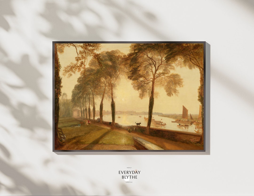 Riverfront Terrace Idyllic Golden Sunset River Scene Vintage Art ...