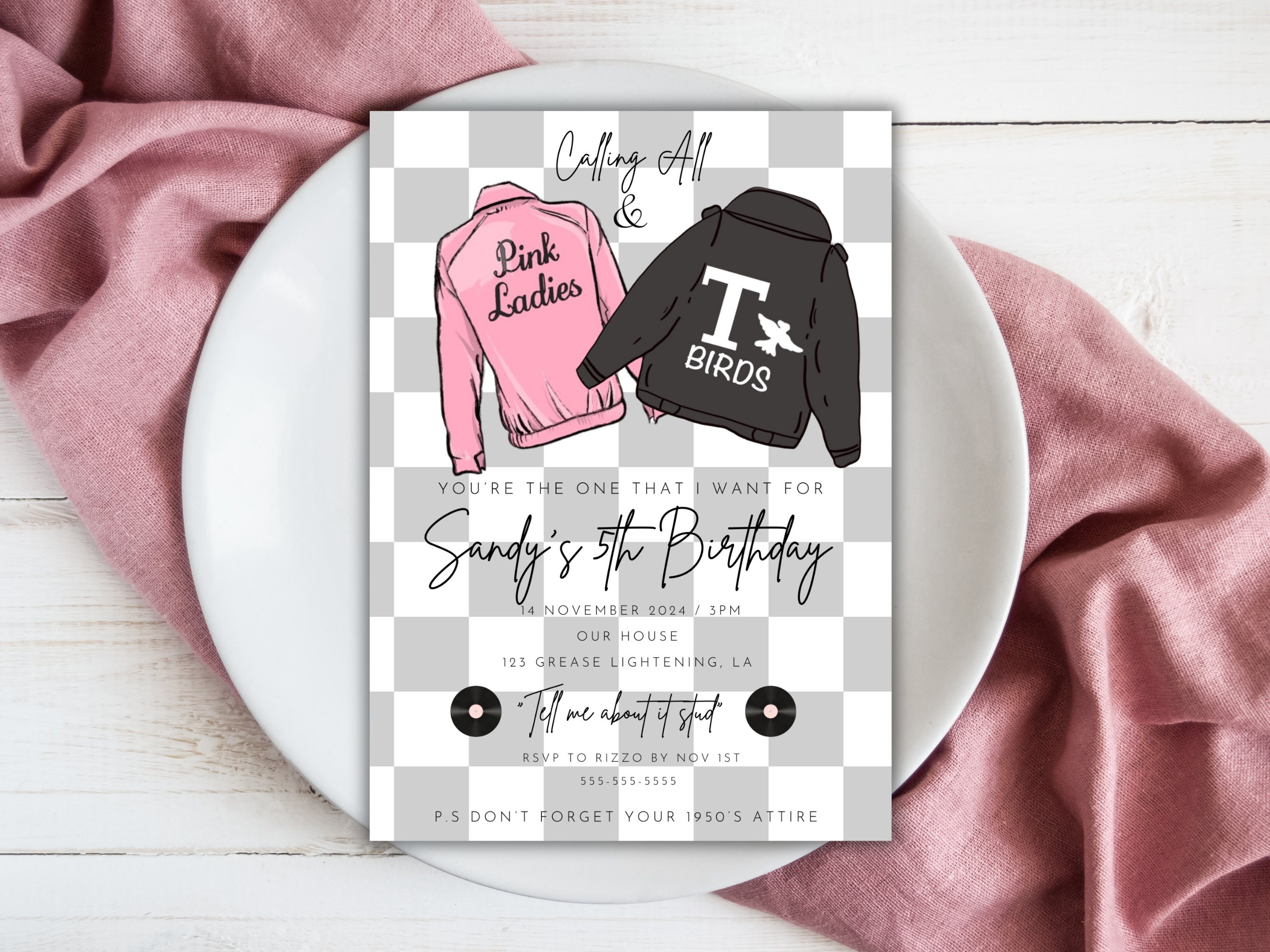 Grease Birthday Invitation, Pink Ladies Invitation, Children's Birthday ...