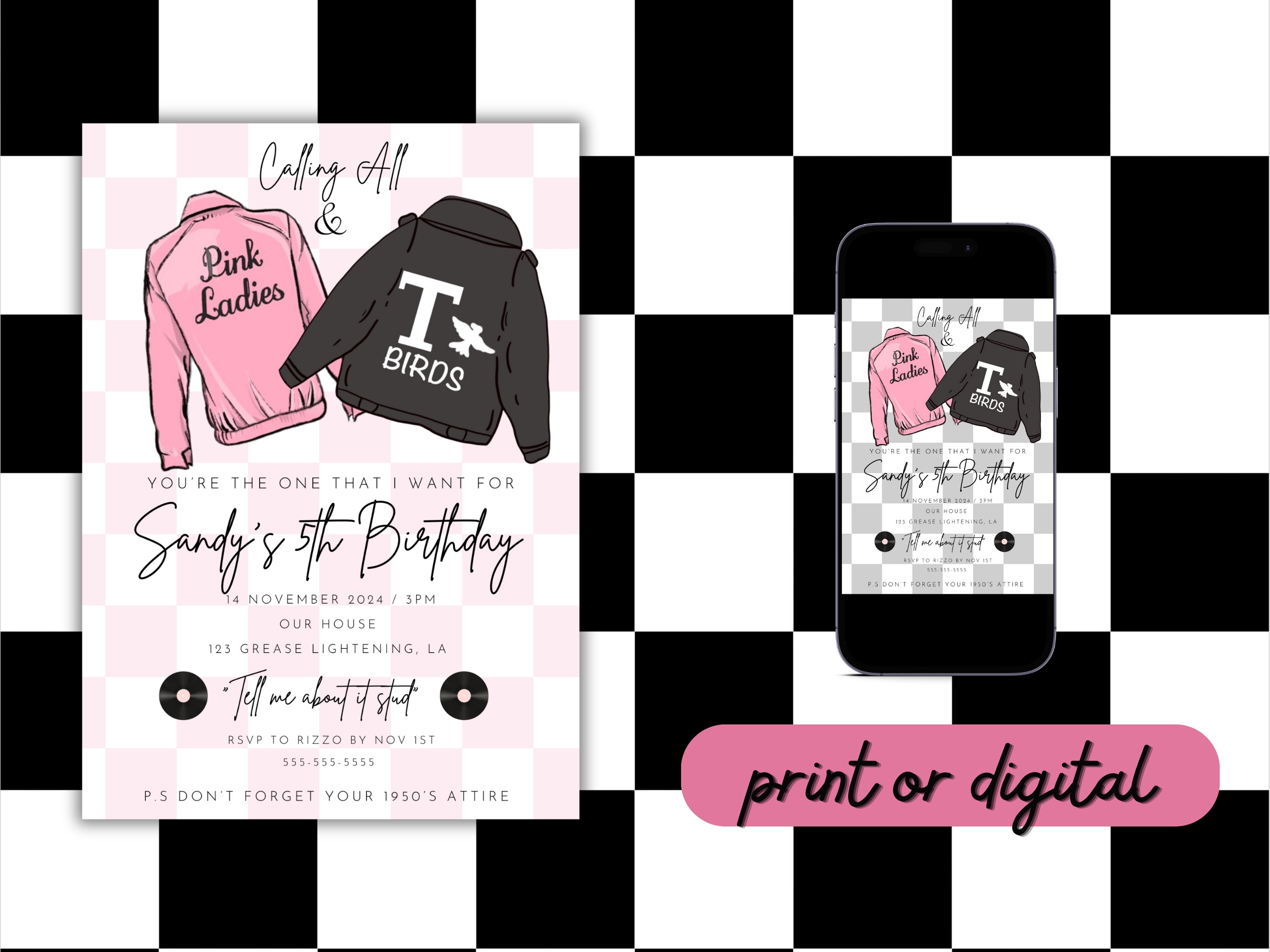 Grease Birthday Invitation, Pink Ladies Invitation, Children's Birthday ...