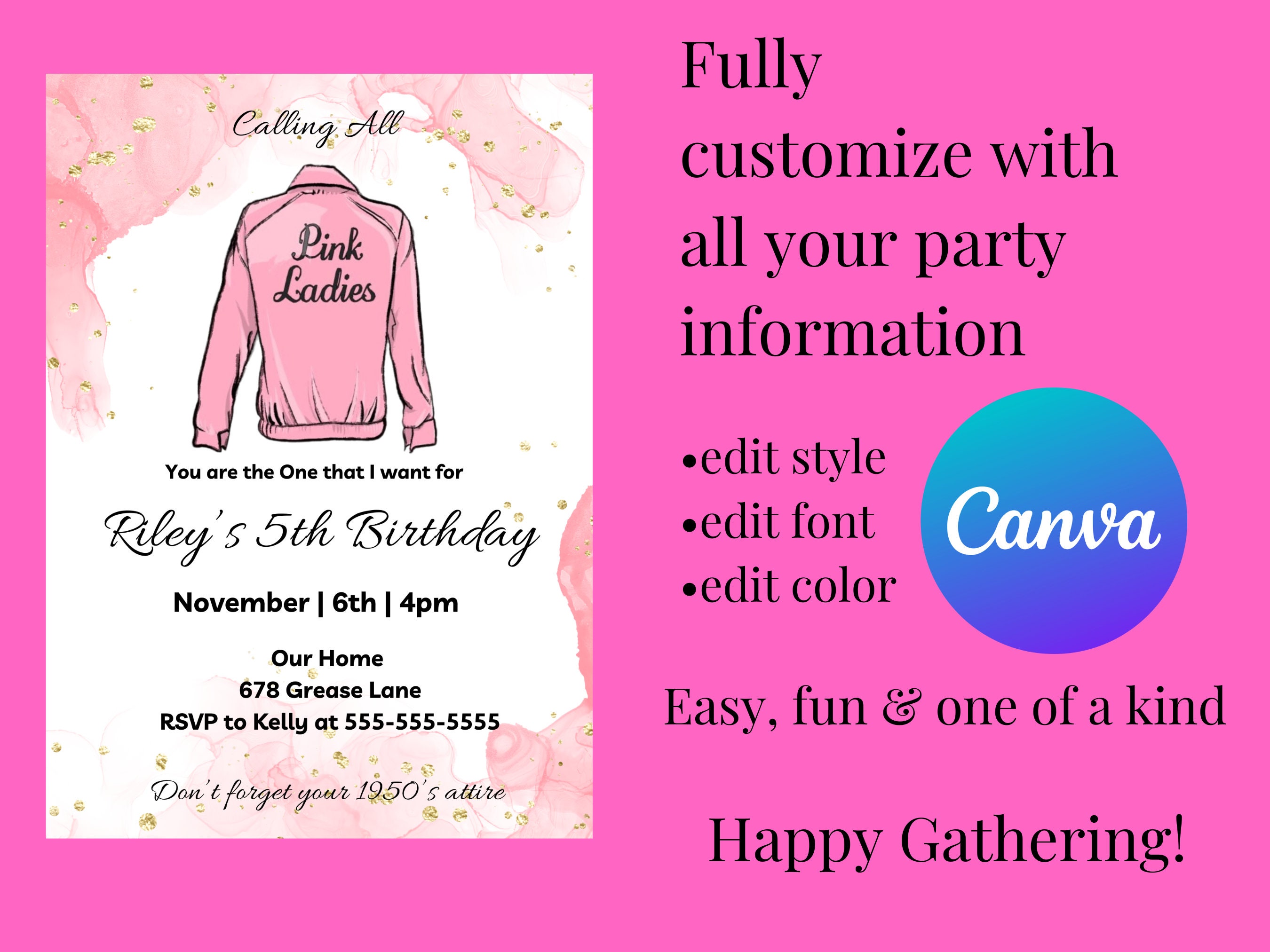 Grease Birthday Invitation, Pink Ladies Invitation, Children's Birthday ...