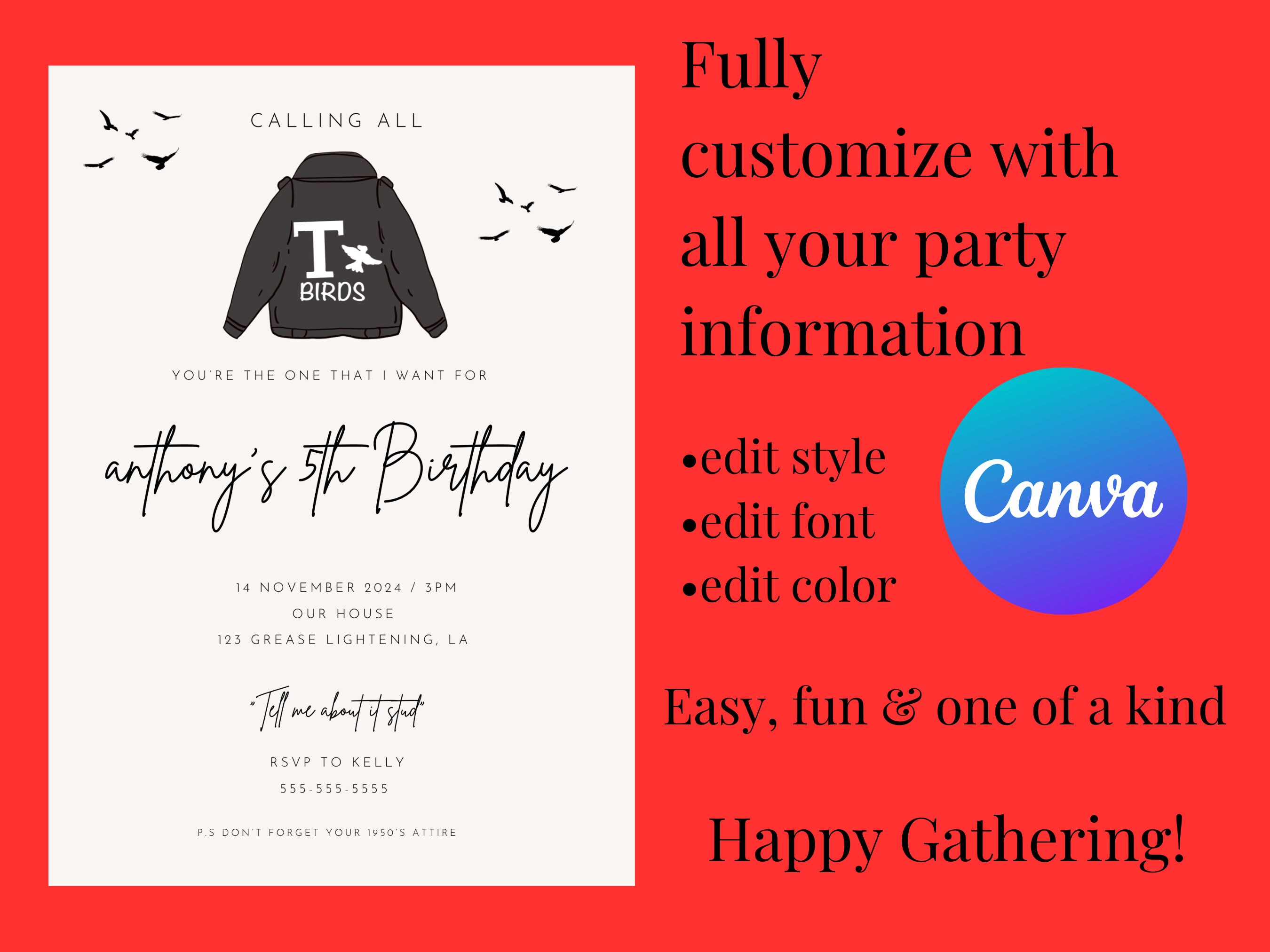 Grease Birthday Invitation T-birds Invitation Children's - Etsy