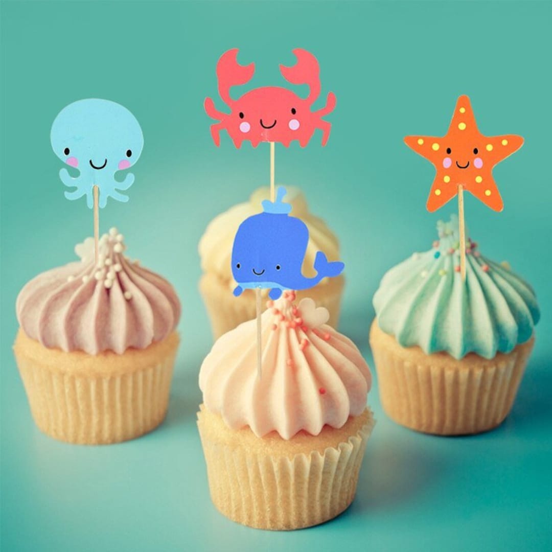 Ocean Animal Cupcake Toppers, Under the Sea Party Cake Flags, Beach ...