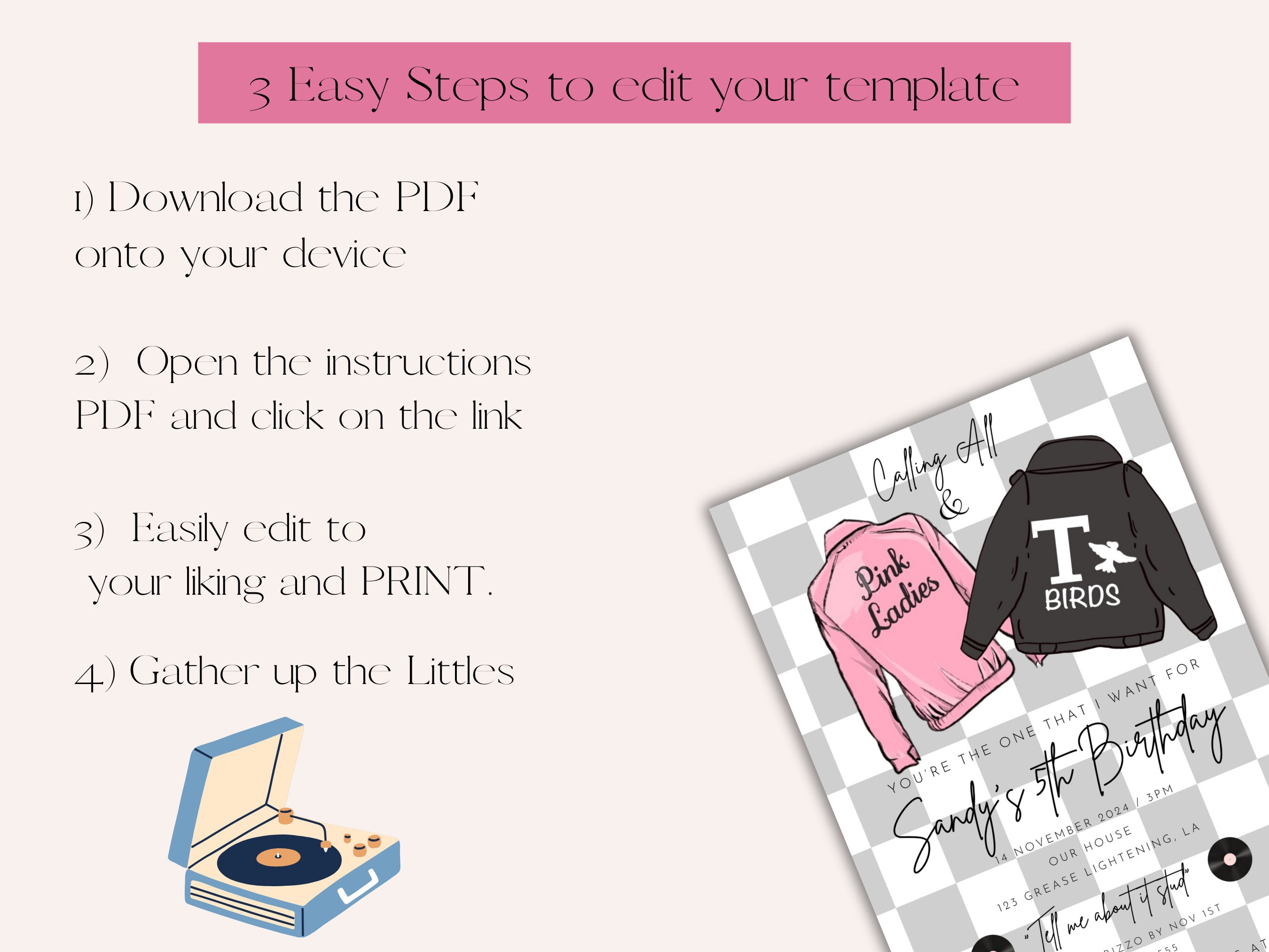 Grease Birthday Invitation, Pink Ladies Invitation, Children's Birthday ...