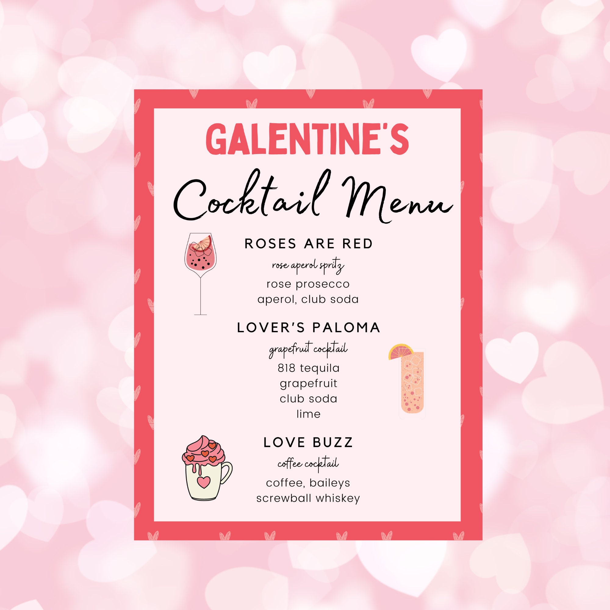 Galentine's Bar Menu Template, Signature Drink Cocktail Menu Editable ...