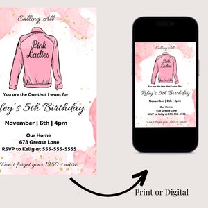Grease Birthday Invitation, Pink Ladies Invitation, Children's Birthday ...
