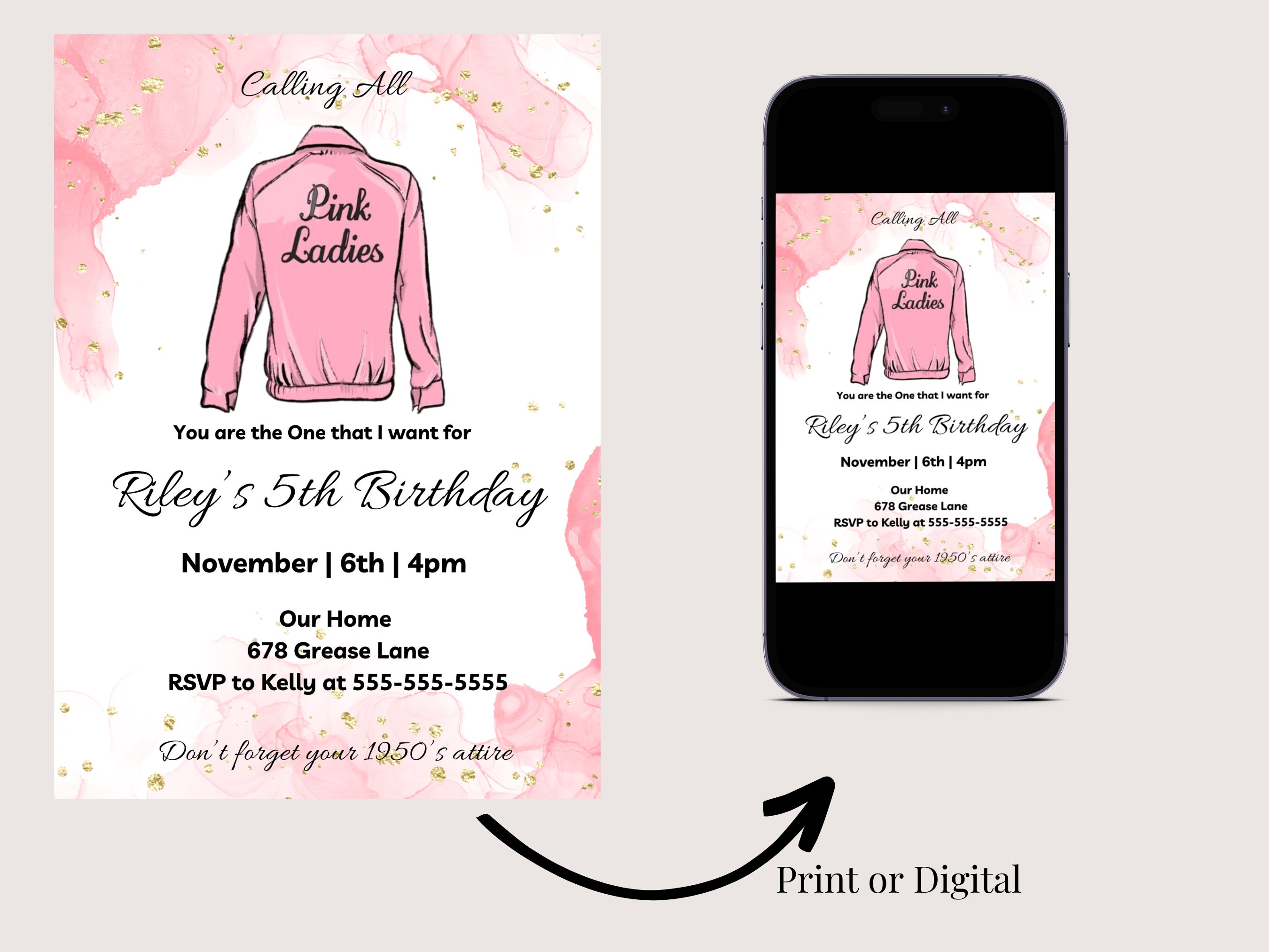 Grease Birthday Invitation, Pink Ladies Invitation, Children's Birthday ...