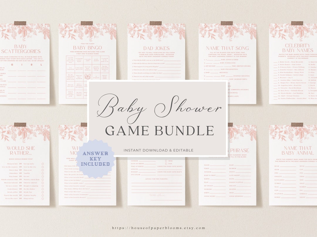 Peach Blush Pink Baby Shower Game Bundle Pink Girl Baby Shower Vintage ...