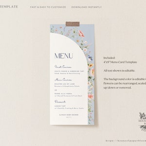 Soft Blue Floral Menu, Modern Wildflower Baby Shower Theme, Garden ...