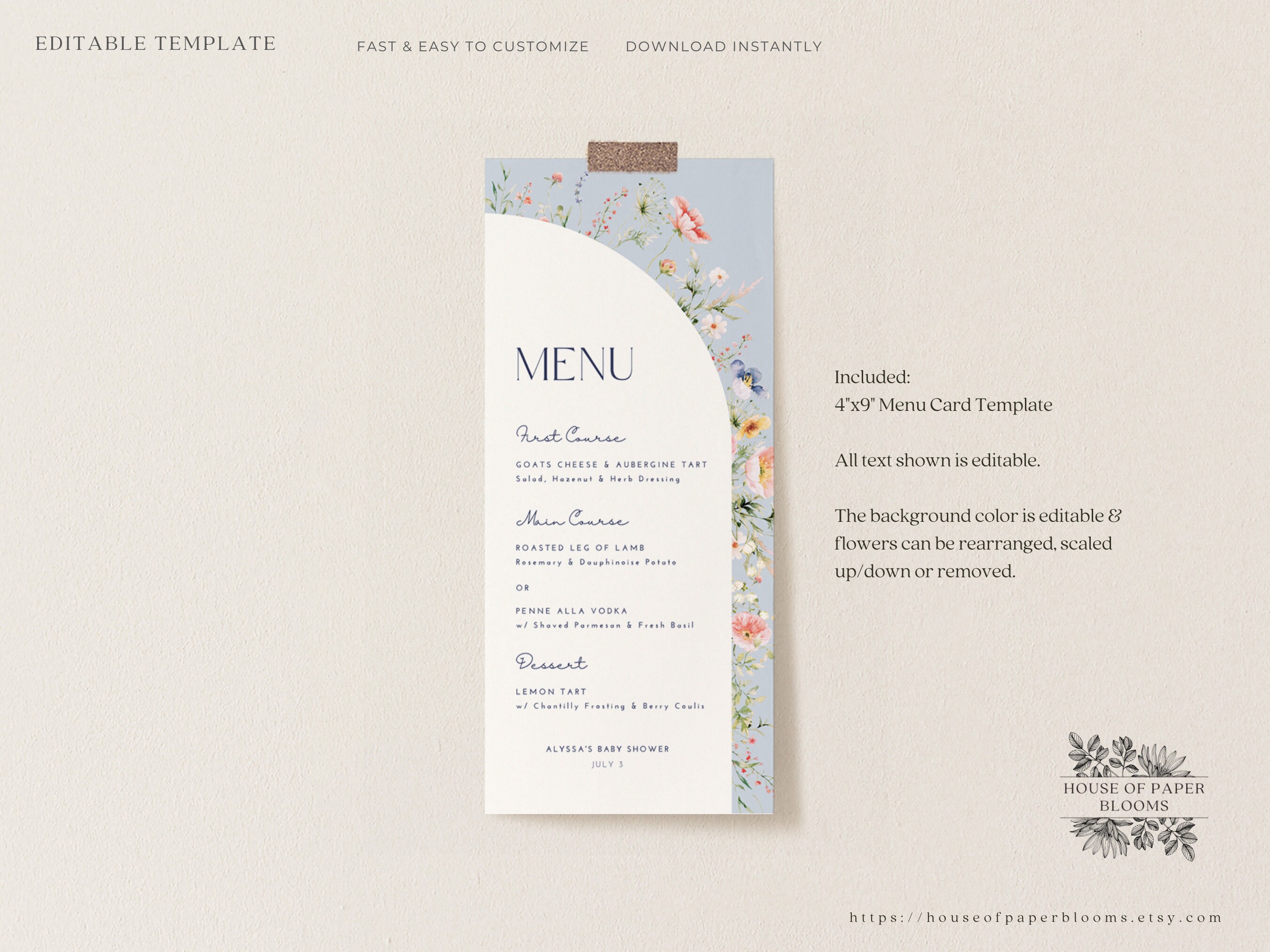Soft Blue Floral Menu, Modern Wildflower Baby Shower Theme, Garden ...