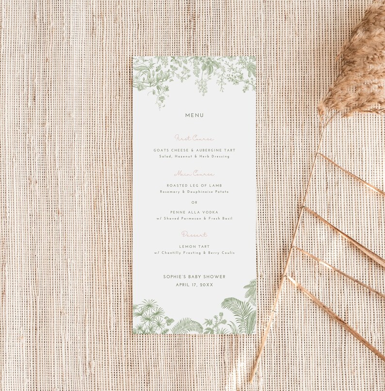Sage Green Floral Menu Card Elegant Baby Shower Menu Template Gender ...
