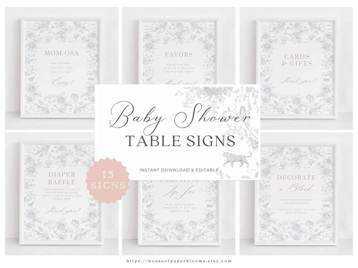 Floral Toile Baby Shower Bundle Elegant Gray Baby Boy Shower Invitation ...
