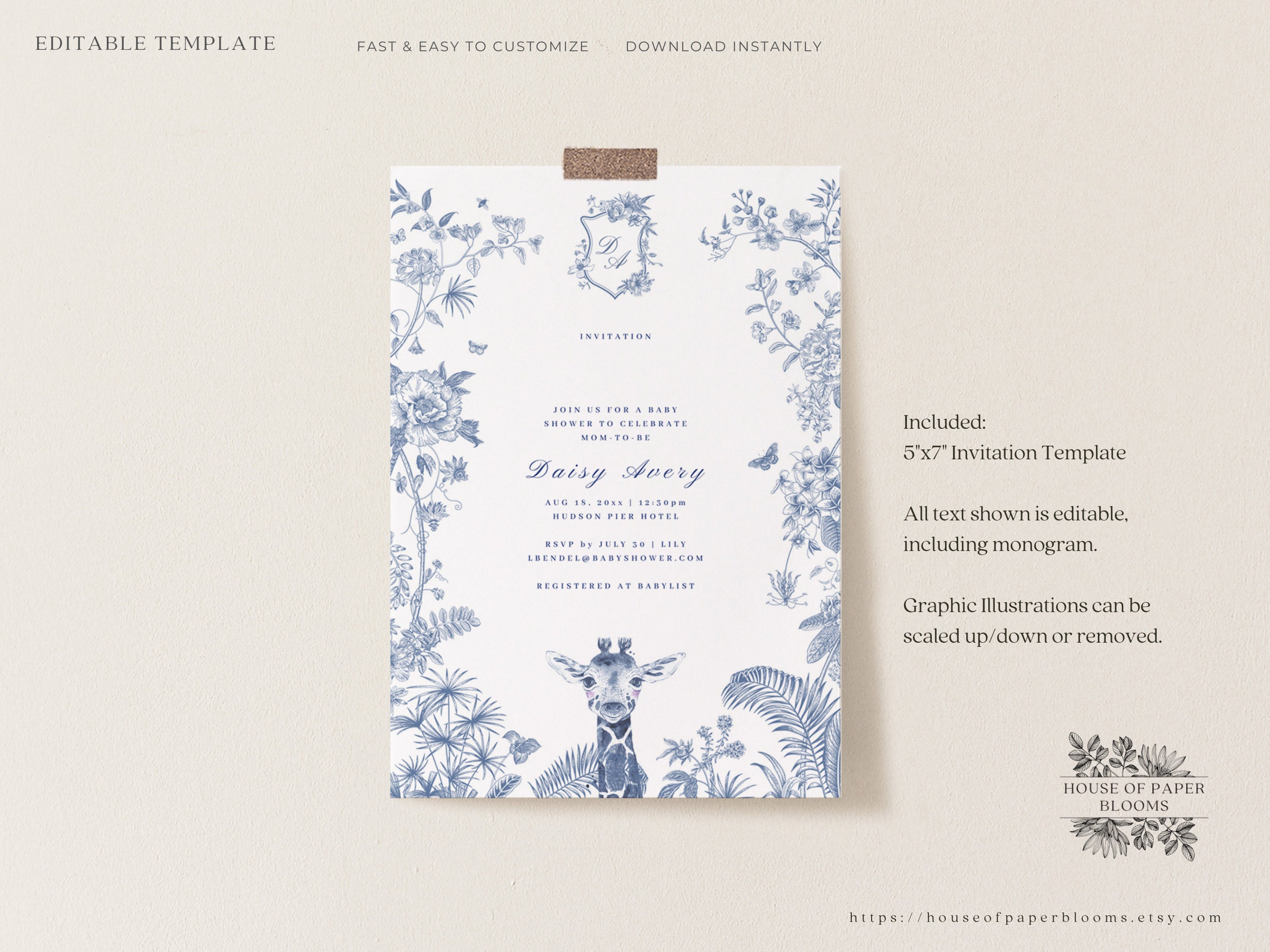 Blue Giraffe Invitation Layout