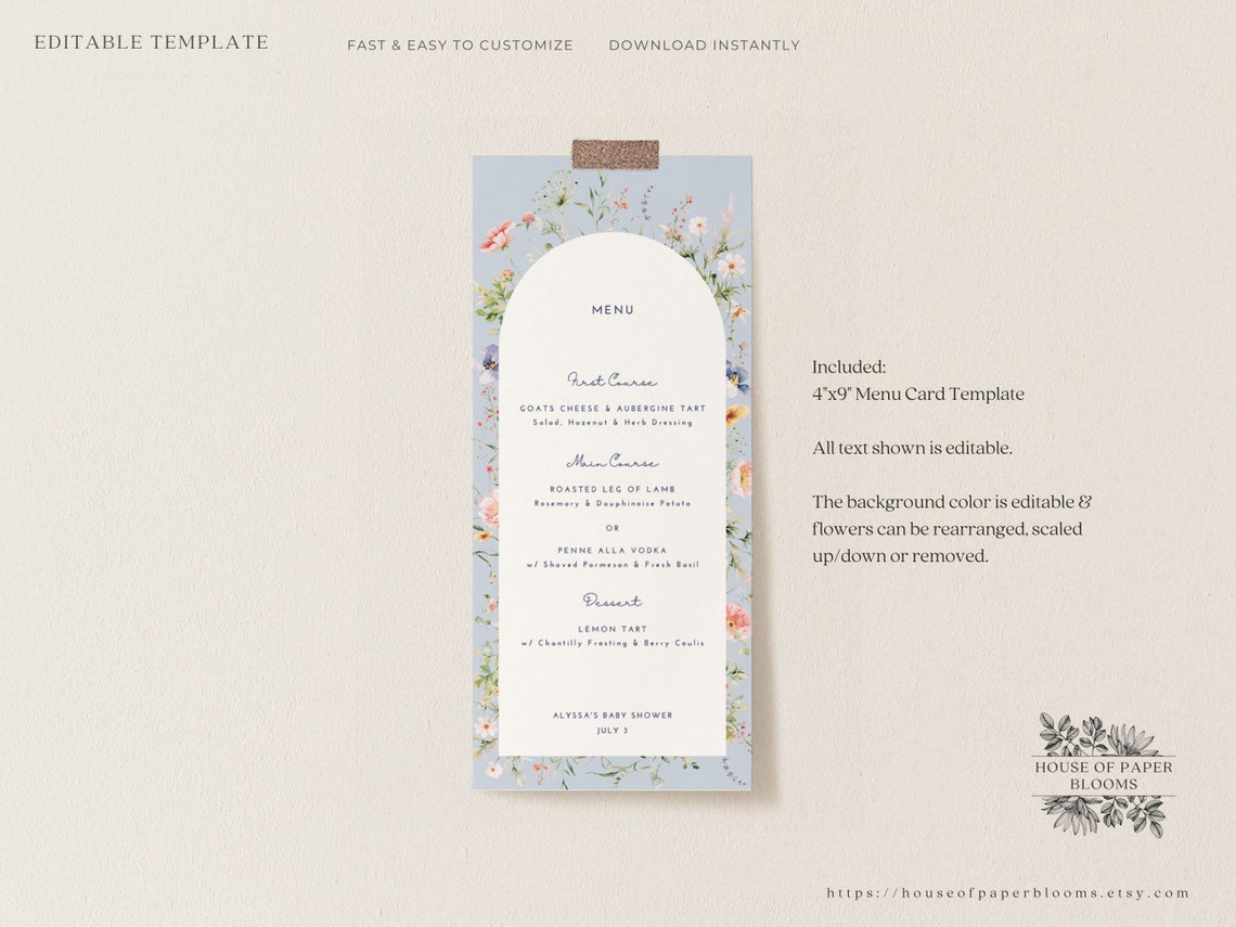 Blue Floral Menu Card Wedding Something Blue Bridal Shower Flower Menu ...