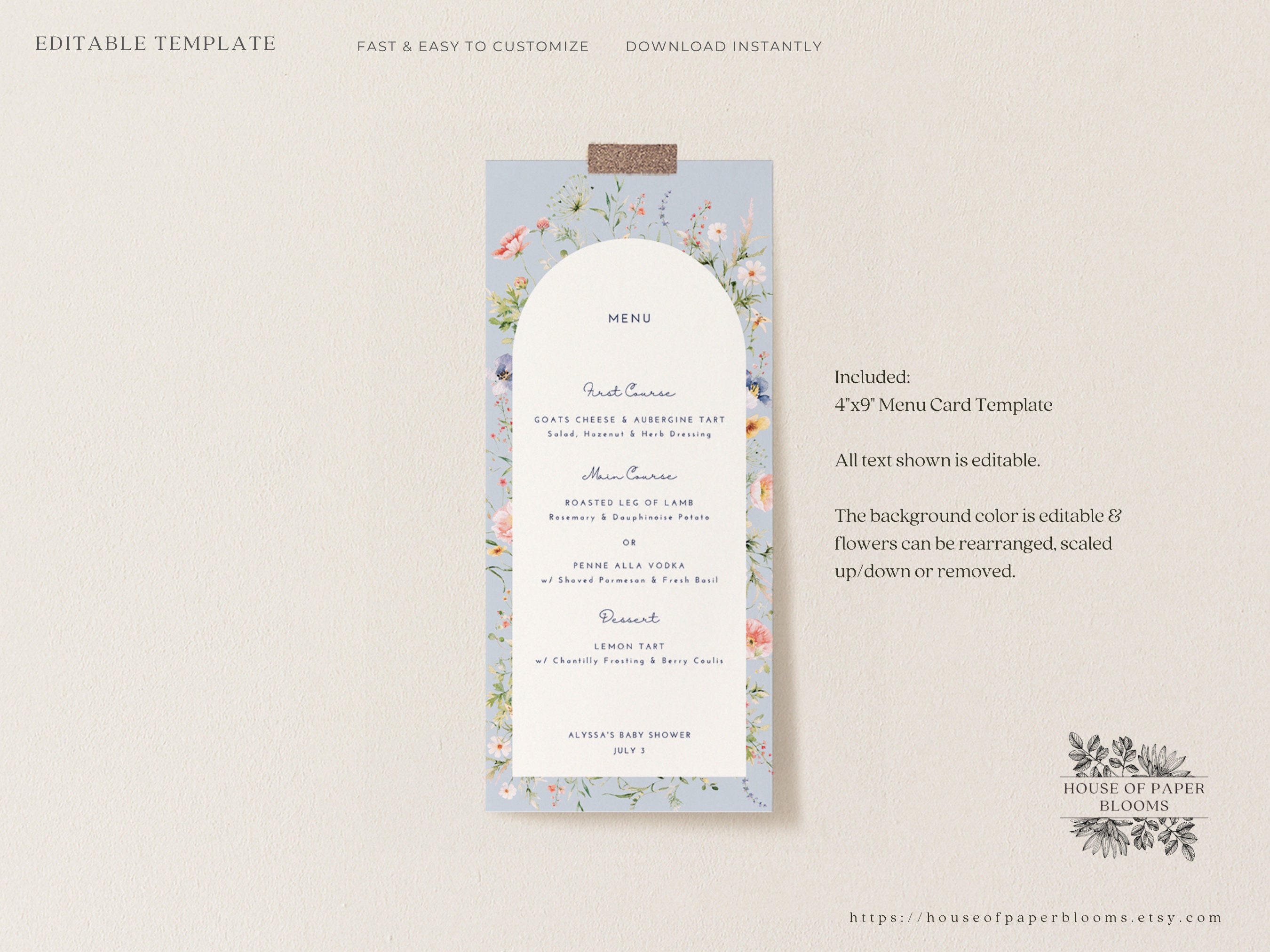 Blue Floral Menu Card Wedding Something Blue Bridal Shower Flower Menu ...
