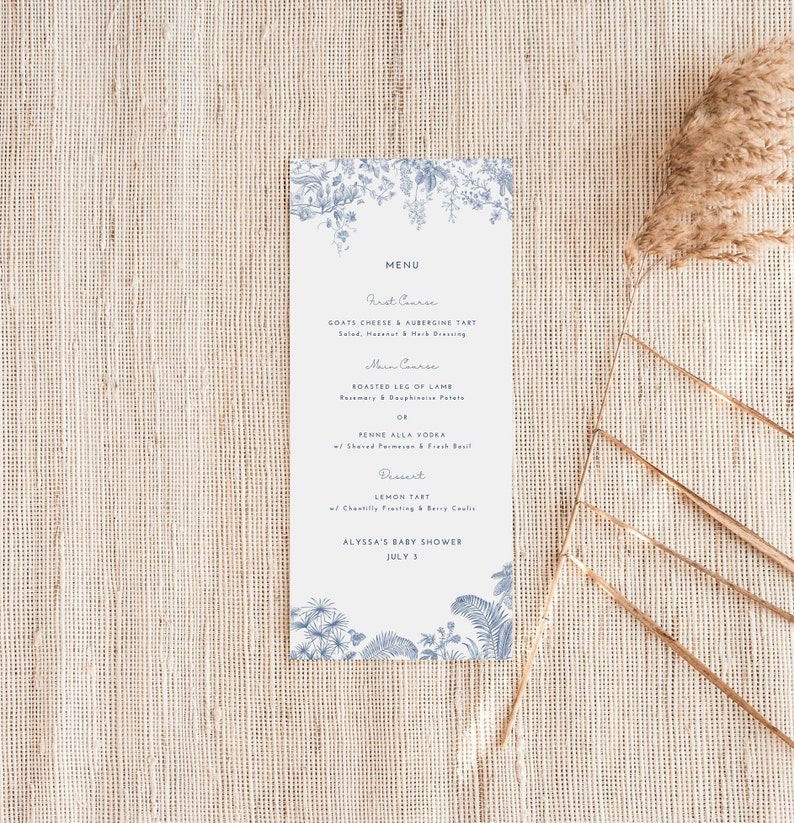 Elegant Blue Floral Menu Card Dusty Blue Place Card for Bridal Shower ...