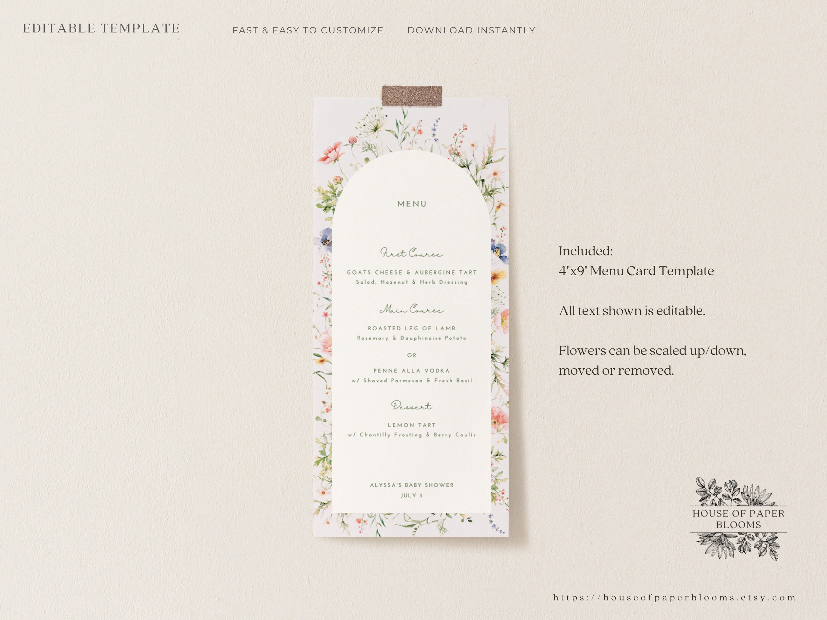 Editable Wildflower Menu Baby Shower for Spring Wedding Menu Template ...
