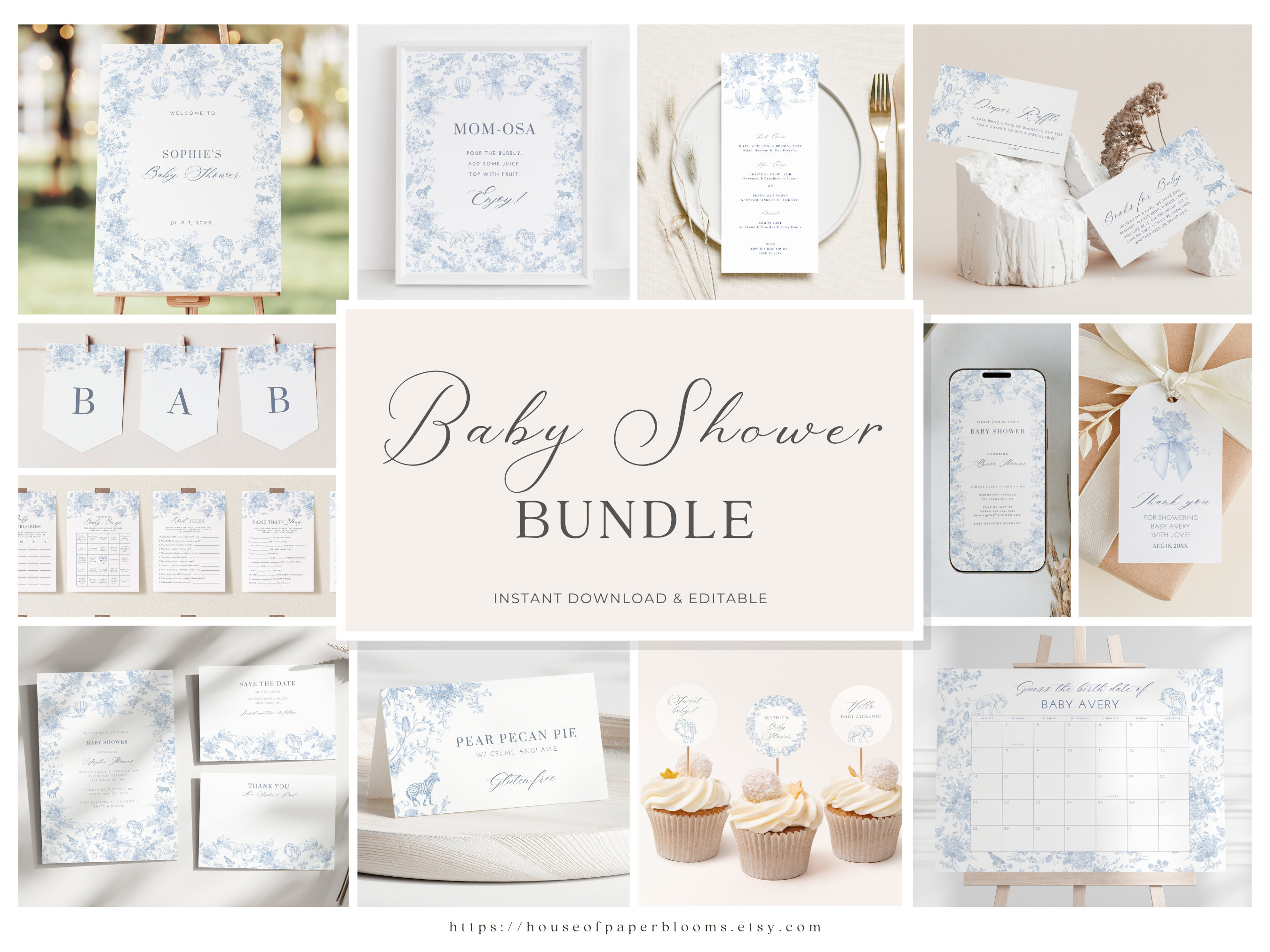 Floral Toile Baby Shower Bundle French Blue Baby Boy Shower Invitation ...