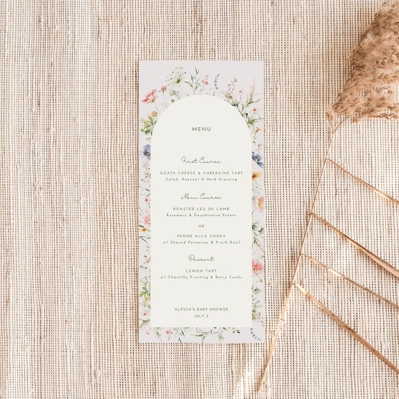 Editable Wildflower Menu Baby Shower for Spring Wedding Menu Template ...