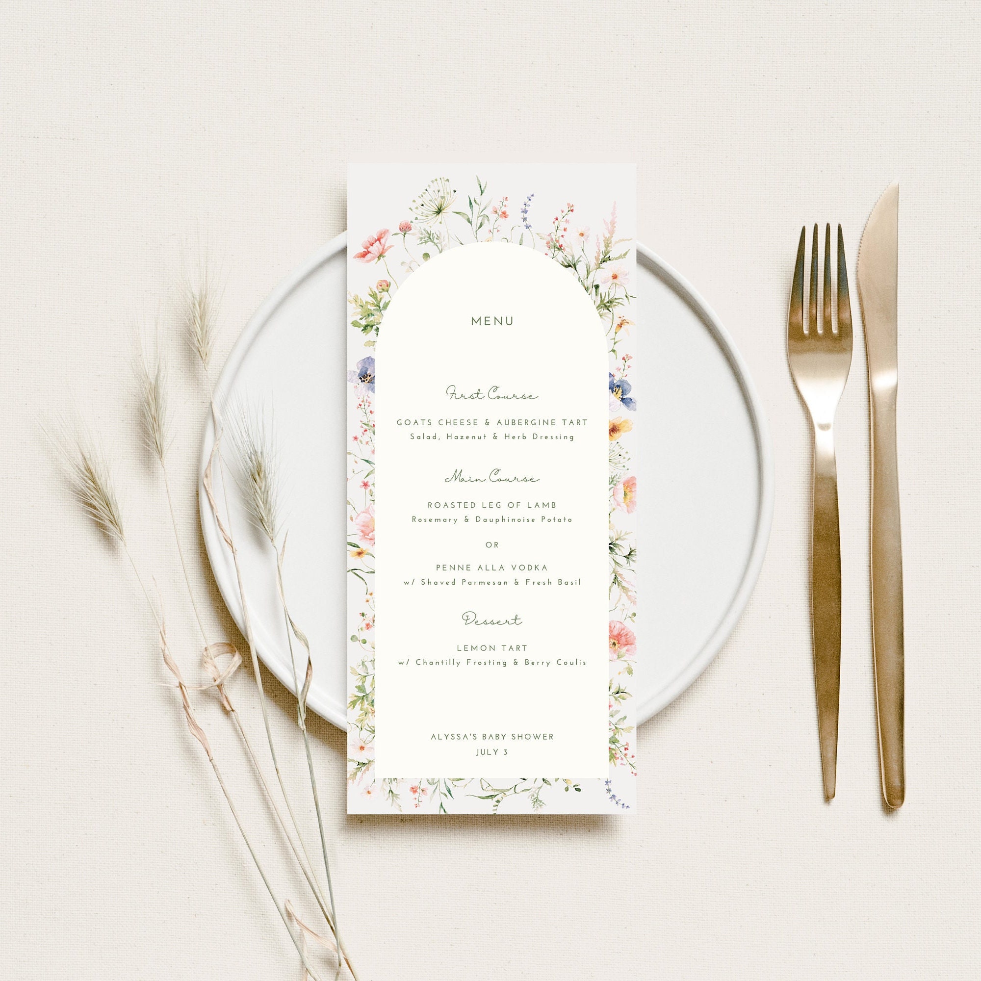 Editable Wildflower Menu Baby Shower for Spring Wedding Menu Template ...